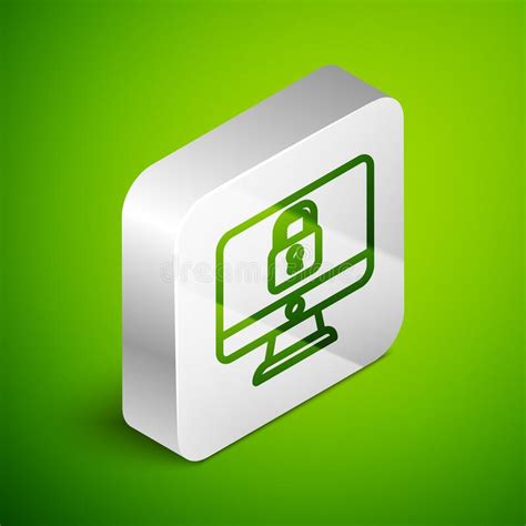 Isometric Line Lock On Computer Monitor Screen Icon Isolated On Green Background Security