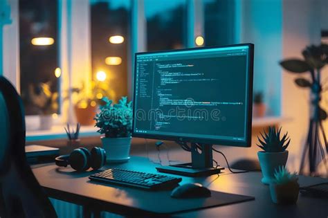 Modern Office with Two Wide Computer Screens with Programming Code Stock Illustration ...