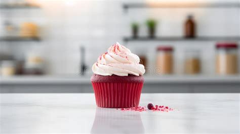 Close Up Of A Burgundy Cupcake On A White Marble Table Blurred Kitchen