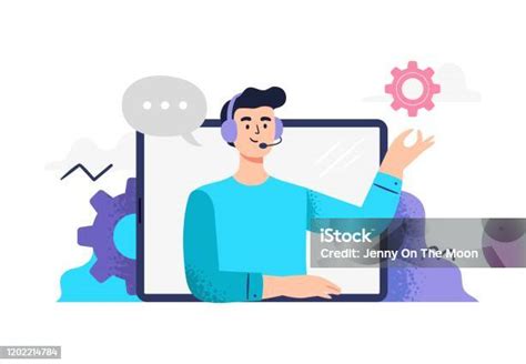 잘생긴 남자는 고객과 채팅 전화 통화에 응답하고 고객을 도와줍니다 It 지원에 대한 스톡 벡터 아트 및 기타 이미지 It