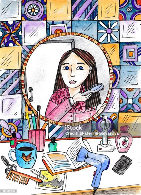 거울에 여자의 반사 그녀의 머리를 빗질 소녀 욕실 인테리어의 그림 가위에 대한 스톡 벡터 아트 및 기타 이미지 가위 거울