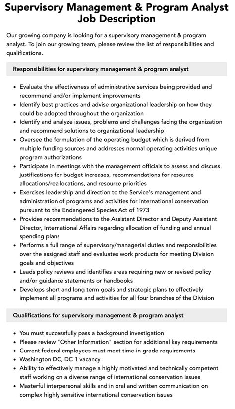 Supervisory Management And Program Analyst Job Description Velvet Jobs