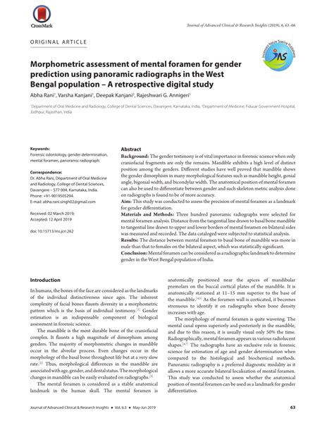 Pdf Morphometric Assessment Of Mental Foramen For Gender Prediction