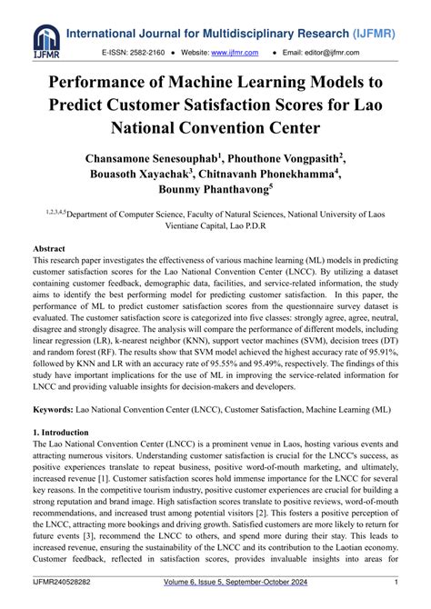 Pdf Performance Of Machine Learning Models To Predict Customer Satisfaction Scores For Lao