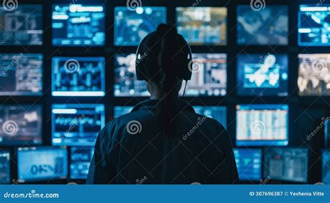 Security Personnel Monitoring Multiple Surveillance Screens Generative Ai Stock Illustration