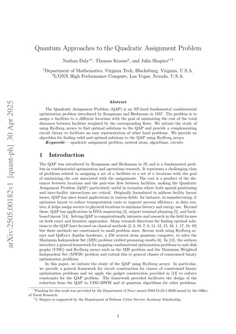 Pdf Quantum Approaches To The Quadratic Assignment Problem