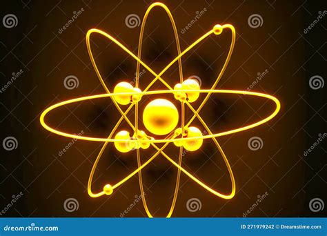 Atomic Particles Rotating On Bright Yellow Illuminated Model Atom Orbit