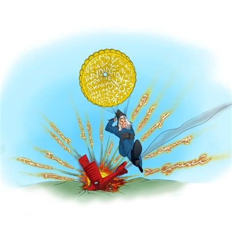 A Man Flying Through The Air While Holding Onto A Yellow Kite With Writing All Over It