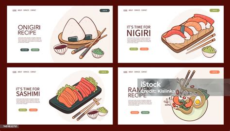 웹 페이지 사시미 초밥 오니기리 라면 벡터 삽화를 그립니다 일본 아시아 전통 음식 요리 메뉴 개념 배너 웹사이트 낙서 만화 스타일의 광고 주먹밥에 대한 스톡 벡터 아트 및