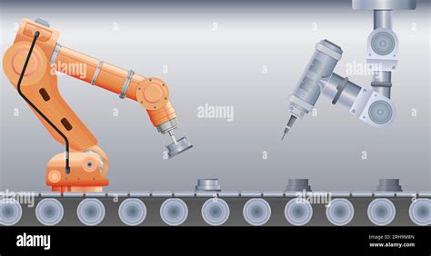 Robot Manipulator Arm Realistic Composition With View Of Robotic Arms On Moving Assembly Line