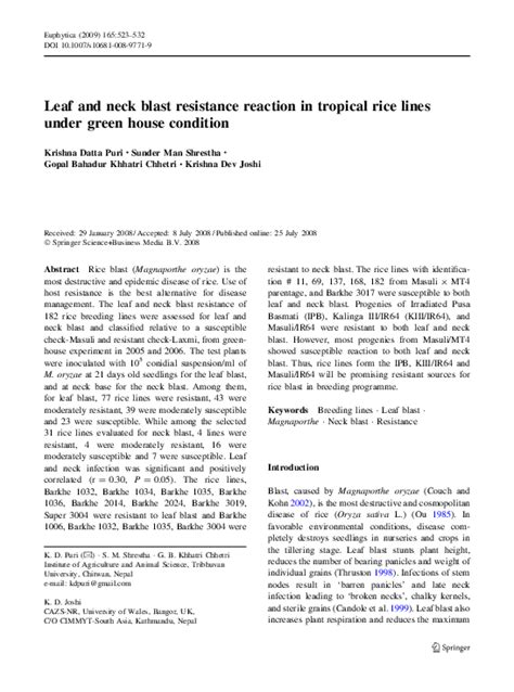 Pdf Leaf And Neck Blast Resistance Reaction In Tropical Rice Lines Under Green House Condition