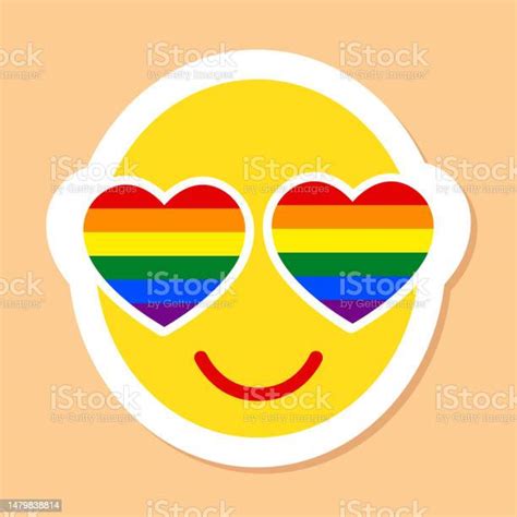 Lgbtq 이벤트 디자인을 위한 눈 대신 무지개 하트가 있는 프라이드의 달 이모티콘 웃는 얼굴 간단한 벡터 스티커 Lgbt
