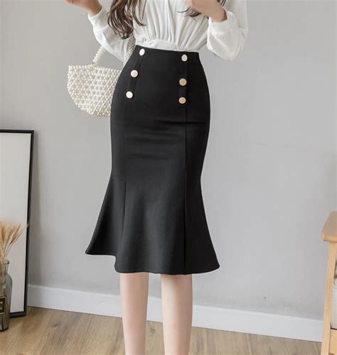Plus Size High Waist Button Black Skirts Free Shipping