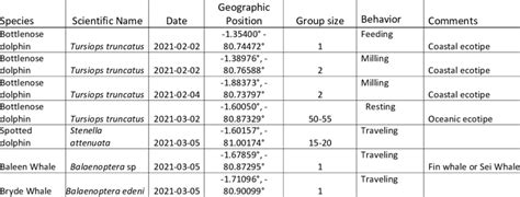 Records Of The Cetacean Species Identified With Their Date Position
