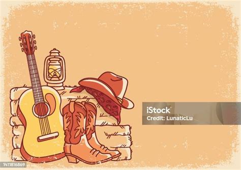 컨트리 음악 빈티지 포스터 배경 어쿠스틱 기타와 미국 카우보이 부츠와 카우보이 모자 짚과 건초에 벡터 손으로 그리기 국가 농장 일러스트레이션 컨트리 앤드 웨스턴 음악에 대한
