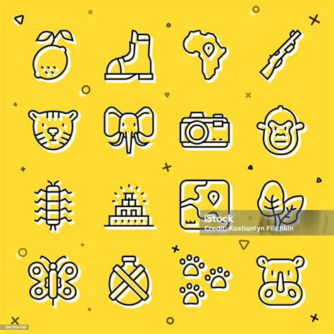 라인 코뿔소 열대 나뭇잎 원숭이 아프리카지도 코끼리 호랑이 머리 레몬 및 사진 카메라 아이콘을 설정합니다 벡터 가공의 인물에