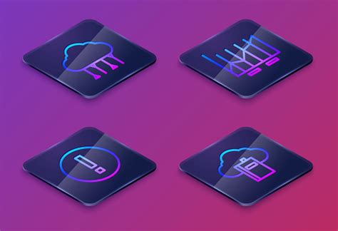 아이소메트릭 라인 네트워크 클라우드 연결 정보 파이 차트 인포그래픽 및 클라우드 온라인 라이브러리를 설정합니다 파란색 사각형