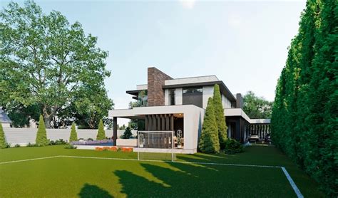 집의 3d 시각화 아름다운 정원이 있는 자연 속의 집 프리미엄 사진