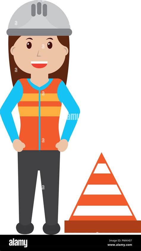 Woman Constructor Employee With Traffic Cone Vector Illustration Stock