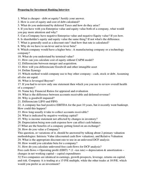 Investment Banking Interview Questions Pdf Valuation Finance
