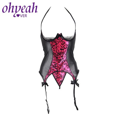 Ohyeahlover erotik giyim 오픈 가랑이 란제리 femme 란제리 섹시한 en cuir rm 핫 가죽 홀터 오픈 컵 bustier babydoll
