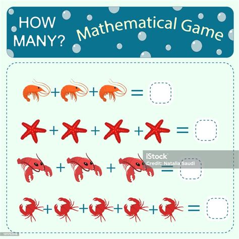 유치원 아이들을위한 바다의 주제에 교육 계산 수학 게임 그림에 새우 게 불가사리 랍스터의 수를 계산하고 결과를 기록 0명에 대한 스톡 벡터 아트 및 기타 이미지 Istock