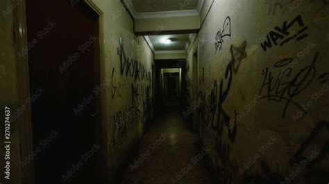 Old Apartmentghetto Buildinglong Dark Hallwaytracking Inside A Dark