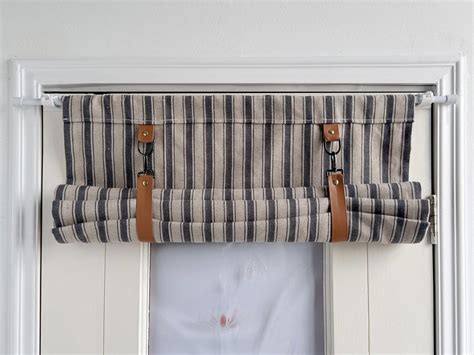 Black Striped Custom Roll Up Door Shade With Faux Leather Strap Window