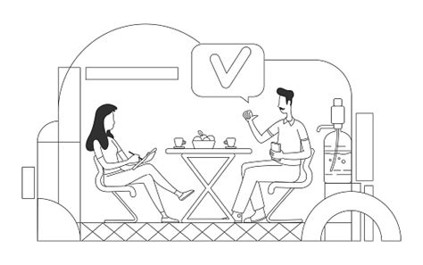 셀프 프리젠 테이션 기술 얇은 선 벡터 일러스트레이션 Hr 관리자와 자신감 있는 후보는 흰색 배경에 문자를 간략하게 설명합니다 면접 유능한 후보자 모집 간단한 스타일 그리기