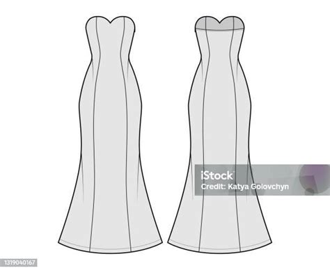 스트랩리스 연인 네크라인 몸에 맞는 바디 맥시 길이 원형 스커트가 돋보이게 하는 트럼펫 테크니컬 패션 일러스트 0명에 대한 스톡 벡터 아트 및 기타 이미지 Istock