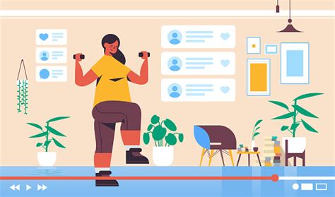 피트니스 블로거 는 온라인 비디오 블로그 라이브 스트리밍 블로깅 개념을 녹화 아령과 운동을하고 가공의 인물에 대한 스톡 벡터 아트 및 기타 이미지 Istock