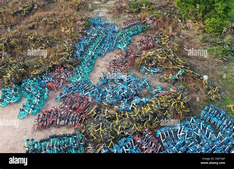 Aerial View Of The Piles Of Abandoned And Broken Bicycles In A Suburb