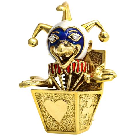 18 Karat Yellow Gold Enamel Clown In The Box Brooch For Sale At 1stdibs