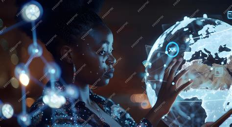 A Woman Looking At A Glass Object With The Word Free On It Premium Ai Generated Image