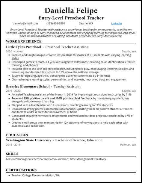 3 Entry Level Preschool Teacher Resume Examples In 2023