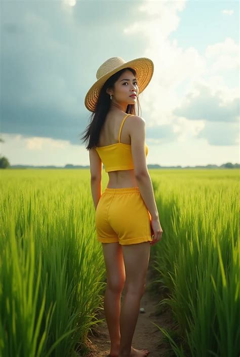 A Beautiful Young Woman Standing Barefoot In The Middle Of A Lush
