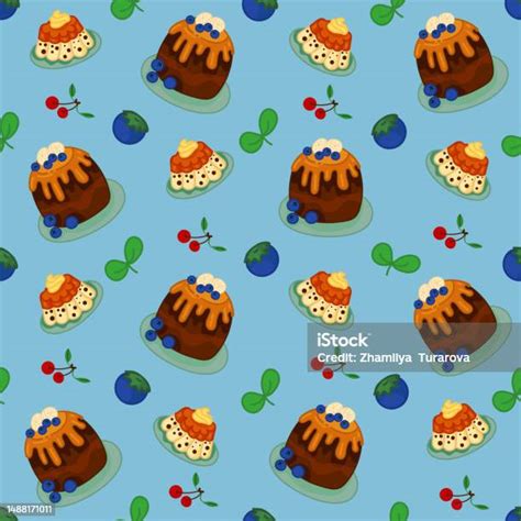 과자 패스트리 및 딸기가 있는 벡터 원활한 패턴입니다 컵받침에 케이크와 비스킷 부스러기가 있는 쿠키 크루아상 초콜릿 머핀이 손으로 매끄러운 배경을 그렸습니다 검정색 배경에