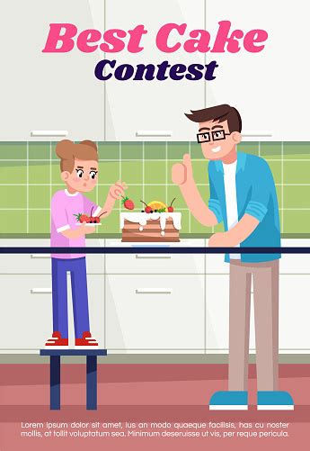 최고의 케이크 콘테스트 포스터 템플릿 세미 플랫 일러스트가 있는 상업용 전단지 디자인 벡터 만화 프로모션 카드 가족 요리 함께