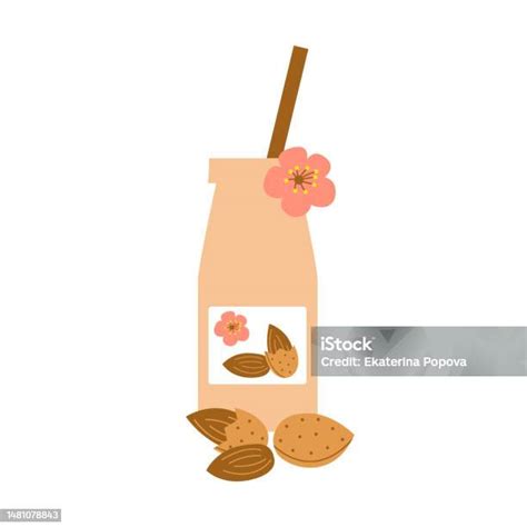 과일과 꽃과 짚을 곁들인 아몬드 우유 한 병 식물 기반 비건 음료 개념 유제품 무료 및 비 유당 음료 벡터 평면 그림입니다 개념에 대한 스톡 벡터 아트 및 기타 이미지
