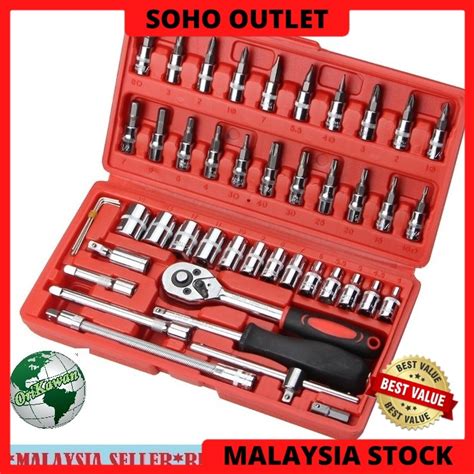 Set Spanar Box Soket Complete Dengan Ratchet 46pcs Ratchet Wrench Spanner Set Chrome Vanadium