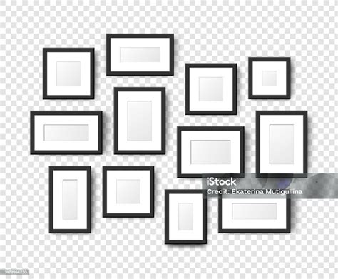현실적인 빈 벽 사진 프레임 콜라주 벡터 블랙 사진 프레임 세트 모형 템플릿은 투명 한 배경에 그림자가 있습니다 포스터 사진 갤러리 그림 프리젠 테이션을위한 모형 0명에