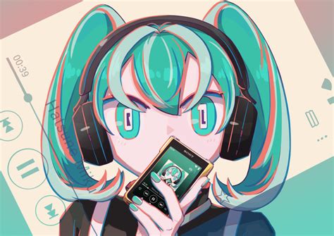 Avogado6 Hatsune Miku Sony Vocaloid Walkman Absurdres Highres 1girl Aqua Eyes Aqua