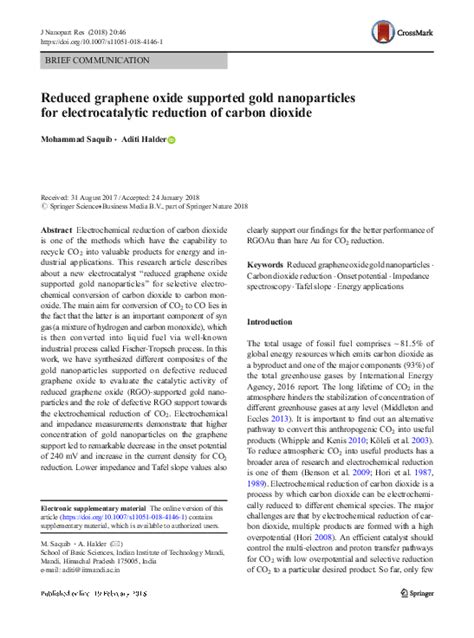 Pdf Reduced Graphene Oxide Supported Gold Nanoparticles For Electrocatalytic Reduction Of