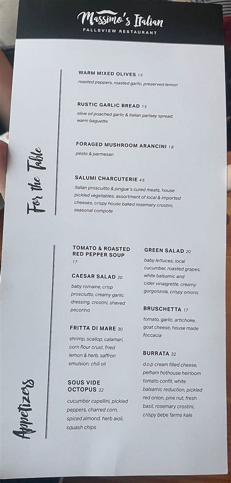 Menu At Massimos Italian Fallsview Restaurant Niagara Falls