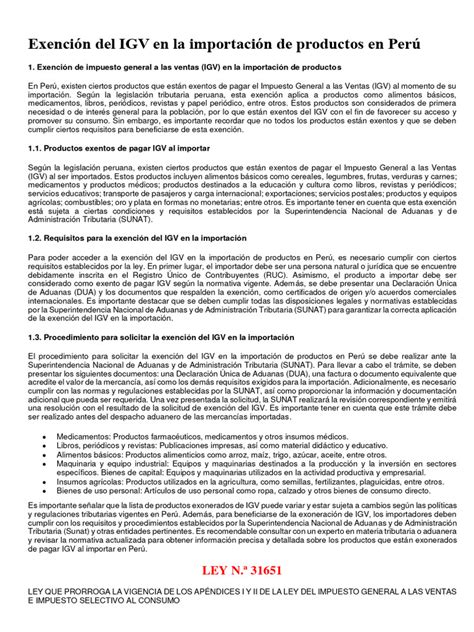 Exención Del Igv En La Importación De Productos En Perú Pdf Aduana