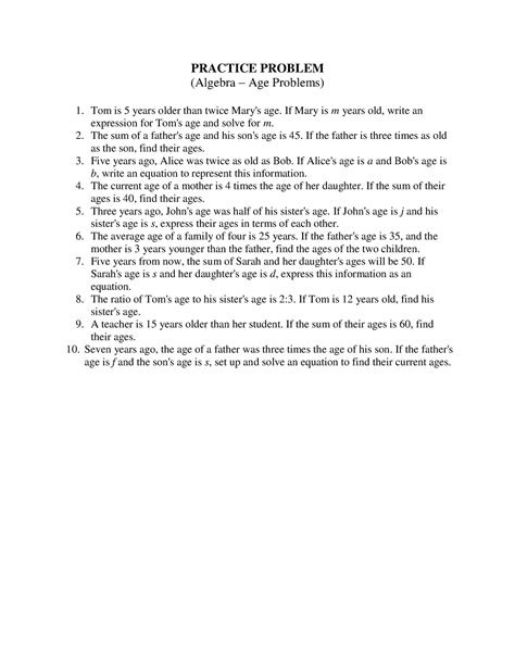 Algebra Practice Problem Age Problem Practice Problem Algebra Age