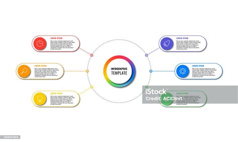 흰색 배경에 6 개의 둥근 요소가있는 인포 그래픽 템플릿 얇은 라인 마케팅 아이콘으로 현대적인 비즈니스 프로세스 시각화 벡터
