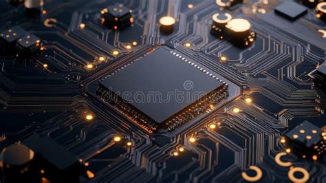 Close Up Of A Black Microprocessor Chip On A Circuit Board Illuminated