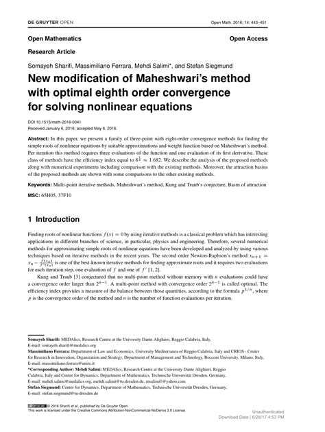 Pdf New Modification Of Maheshwaris Method With Optimal Eighth Order Convergence For Solving