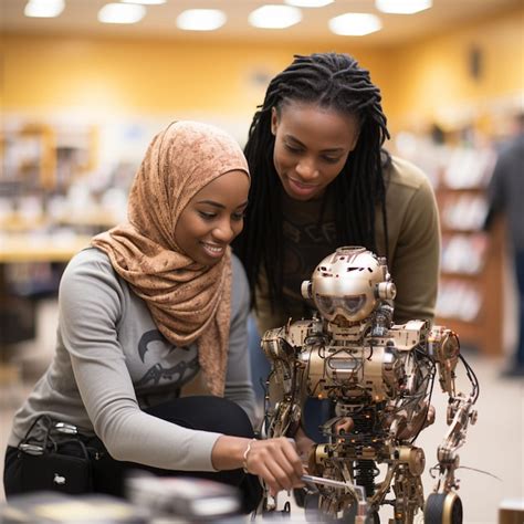 Premium AI Image A Male And Female Babe With Robot In The Lab